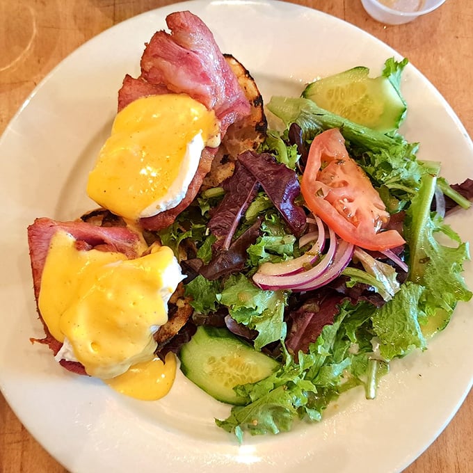Eggs Benedict with a side of Ireland—where hollandaise cascades like yellow velvet over Irish bacon and fresh greens provide color commentary.
