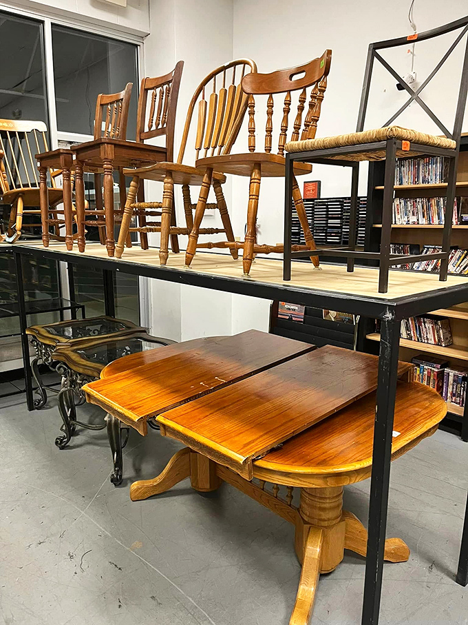 Solid wood furniture with good bones lounges casually, waiting for someone to recognize its potential beneath the dated finish.
