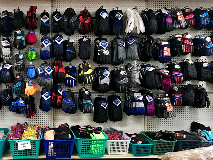 A wall of winter gloves in every color and style imaginable. In Pennsylvania winters, these aren't just accessories—they're survival gear.