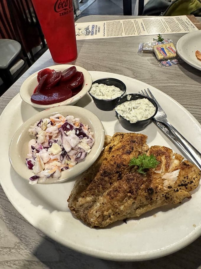 Pickled beets, creamy slaw, and perfectly blackened fish. The plate that proves Florida cuisine isn't just about seafood—it's about treating it right.