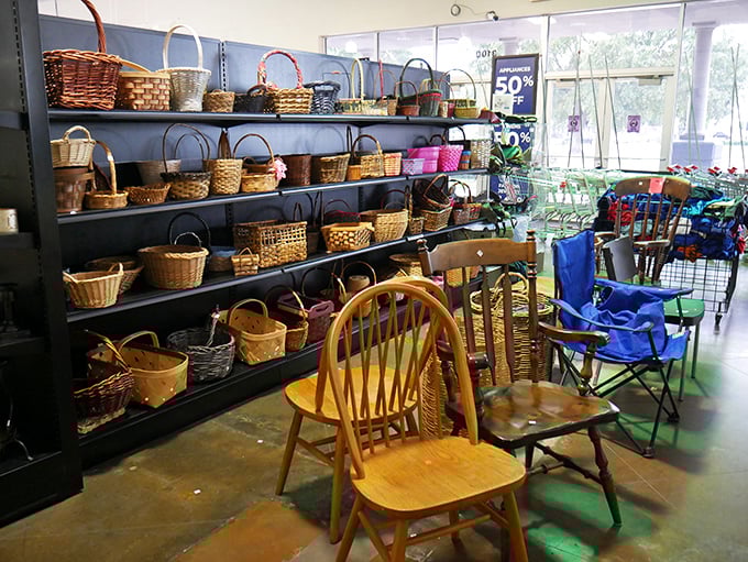 Basket paradise! From picnic-ready to wall-worthy, this woven wonderland proves one thrifter's castoff becomes another's prized home accent.
