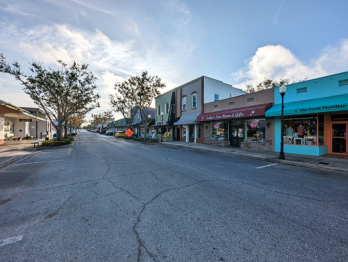 Historic Downtown Clermont at dusk has that Edward Hopper painting vibe—if Hopper had included palm trees and a shop selling "Florida Man" t-shirts.
