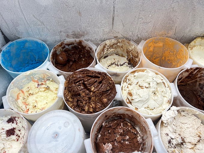 Behind the scenes at ice cream headquarters—these containers hold the frozen equivalent of liquid gold, each one a different pathway to happiness.
