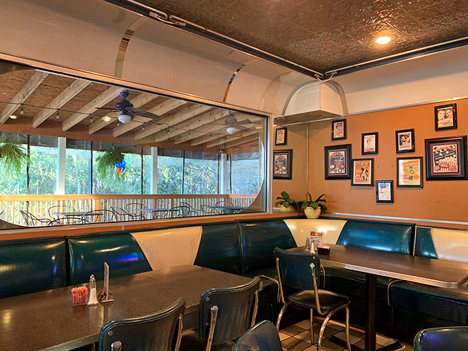 Booth seating with a view of the greenery outside—casual comfort that invites you to linger over one more margarita.