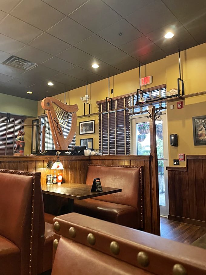 Pub aesthetics that transport you straight to London. Note the decorative harp on display—a nod to Ireland's contribution to British pub culture.