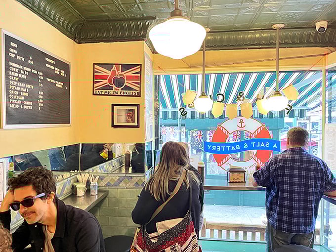 A slice of London in the heart of the Village. British flags, nautical decor, and counter seating create an atmosphere that transports you across the Atlantic.