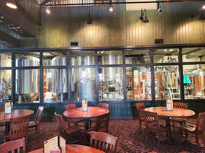 The brewing equipment isn't just for show – those gleaming tanks are working hard to create your next favorite beer.