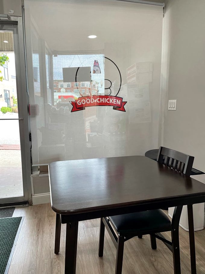 The minimalist dining area says, "We know why you're here, and it isn't for the décor" – function beautifully serving form.