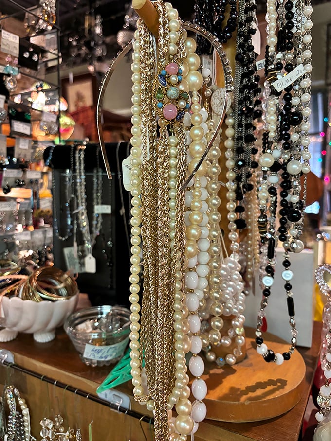 Pearls, chains, and vintage baubles—this isn't just jewelry, it's wearable history waiting to adorn a new generation of appreciative necks.