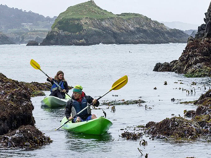 Kayaking through Mendocino's coastal waters—where social distancing was cool long before it was mandatory.
