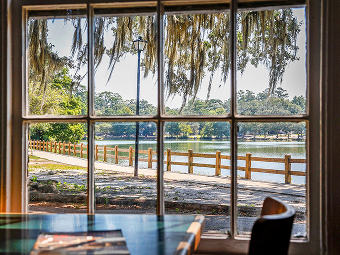 The view from inside is like a living watercolor—Spanish moss, gentle ripples, and the promise of a meal that matches the scenery.