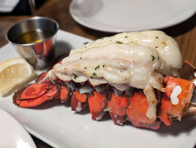 This lobster tail isn't just dinner—it's maritime royalty, served with drawn butter that should be classified as liquid gold.