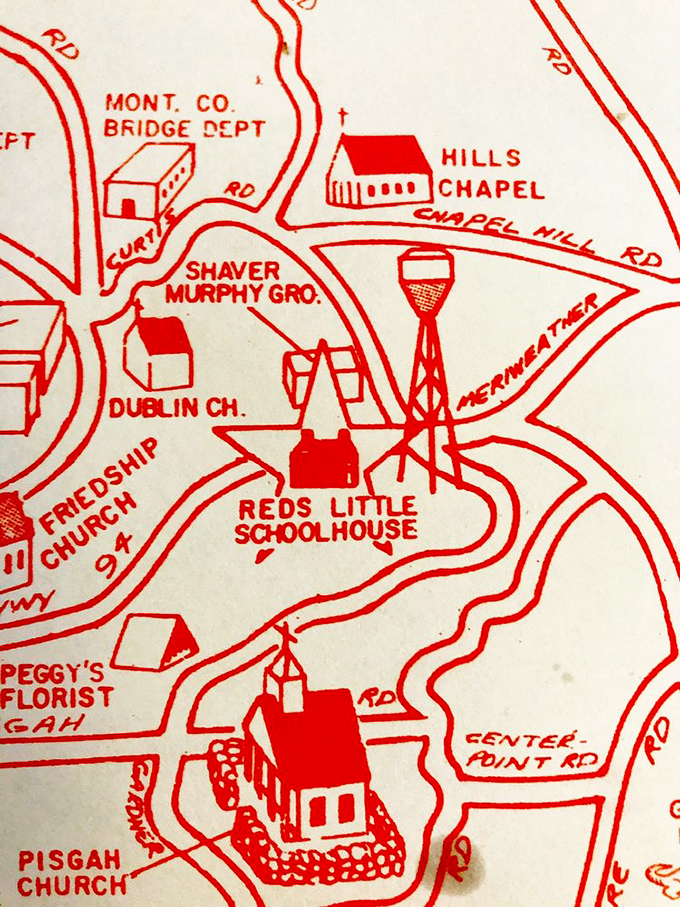 The charming hand-drawn map placemat doesn't just help you find Red's—it introduces you to a community where churches and local businesses are the landmarks that matter.