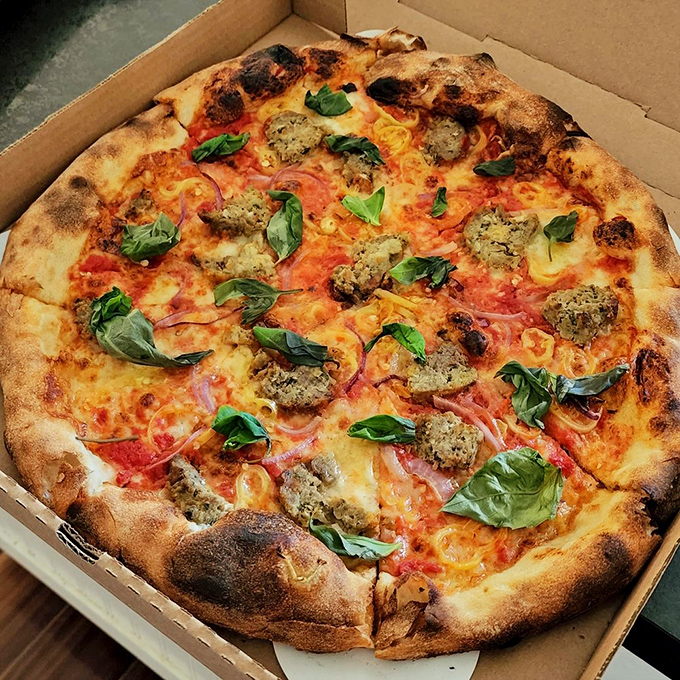 Meatballs and basil playing nicely together. This pizza doesn't just satisfy hunger—it creates memories and inspires return visits.