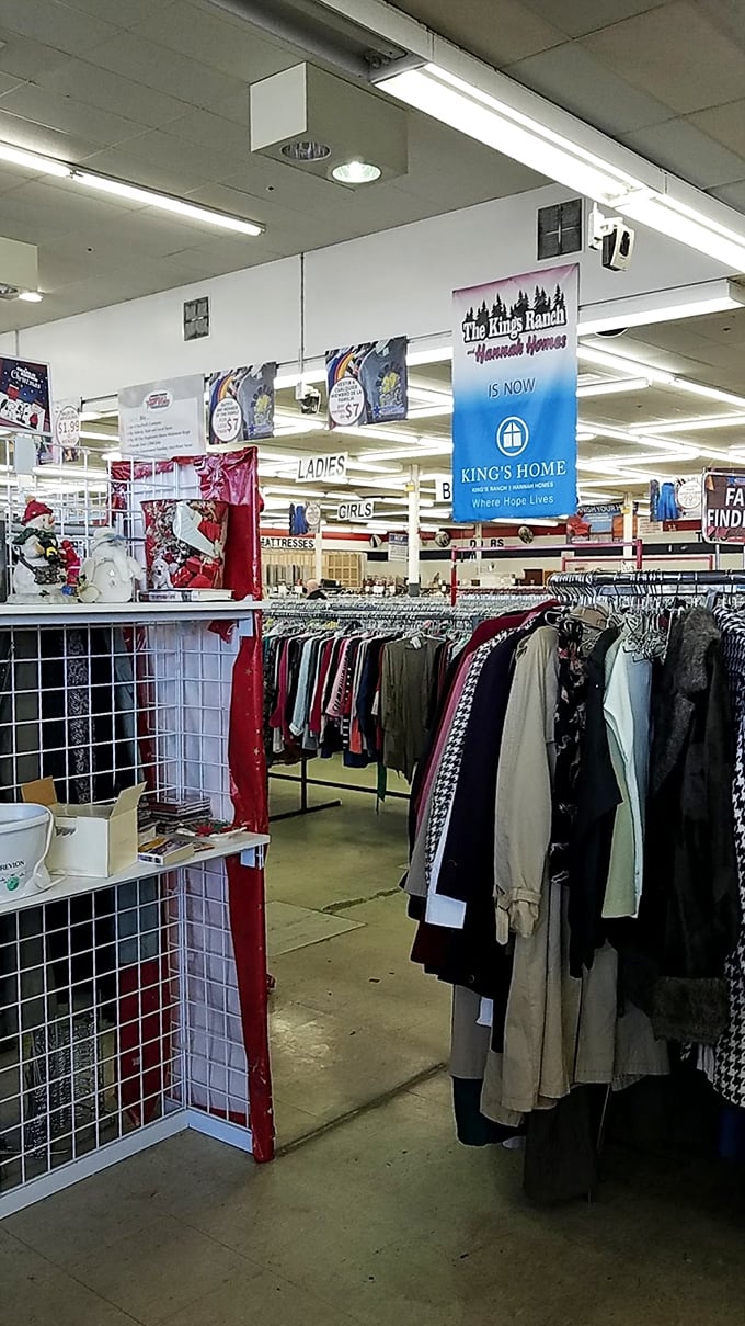 Signs overhead guide you through the labyrinth of secondhand wonders, where "Ladies" and "Girls" sections promise fashion gold.