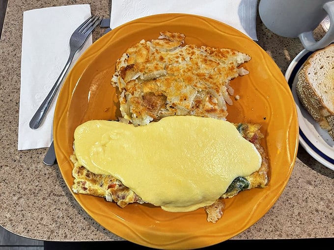 This cheese-draped omelet on its sunshine-yellow plate isn't just breakfast—it's edible optimism to fuel whatever the day might bring.