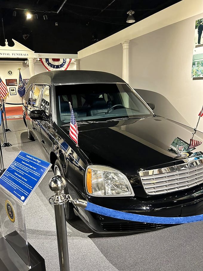Presidential funeral processions spare no detail—this official hearse carried a commander-in-chief on his final journey through Washington's solemn streets.