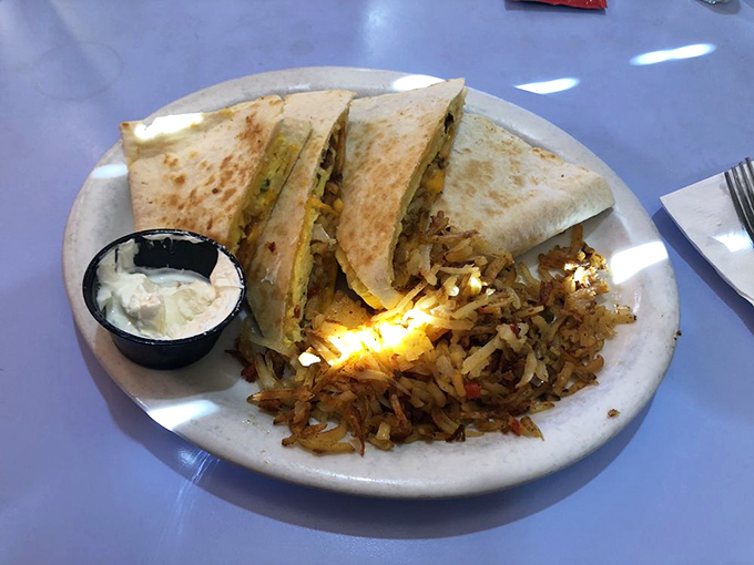 Quesadillas and hash browns—proof that sometimes the best breakfast conversations happen between cultures.