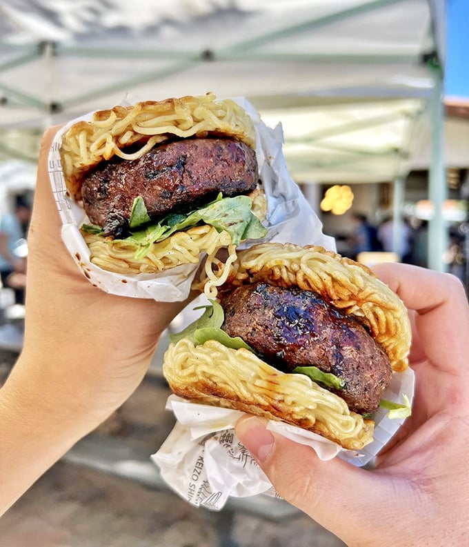 East meets Texas in this audacious creation—a smoky sausage patty cradled by instant ramen "buns" that somehow makes perfect sense.