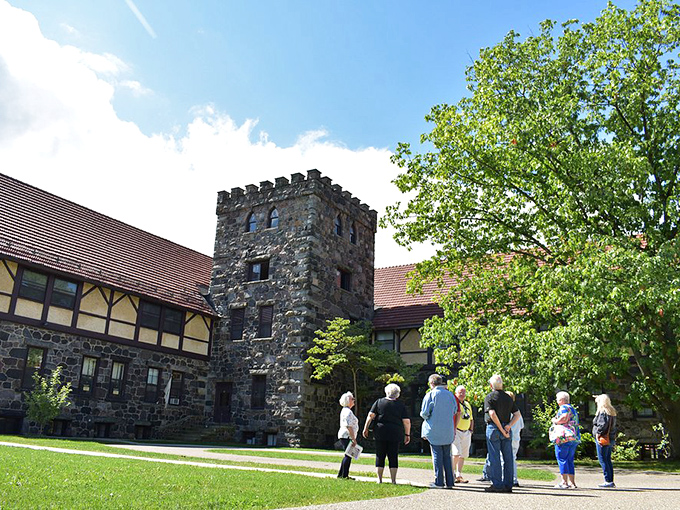 The stone tower of the Roycroft Campus stands as a monument to craftsmanship in an era when "built to last" wasn't just a marketing slogan.