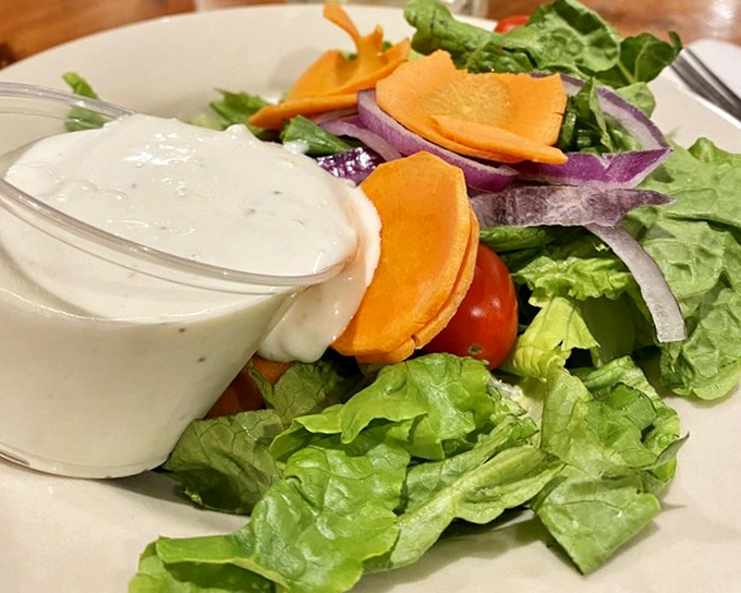 Even the salad deserves attention—fresh, colorful, and topped with house-made dressing that puts bottled versions to shame.