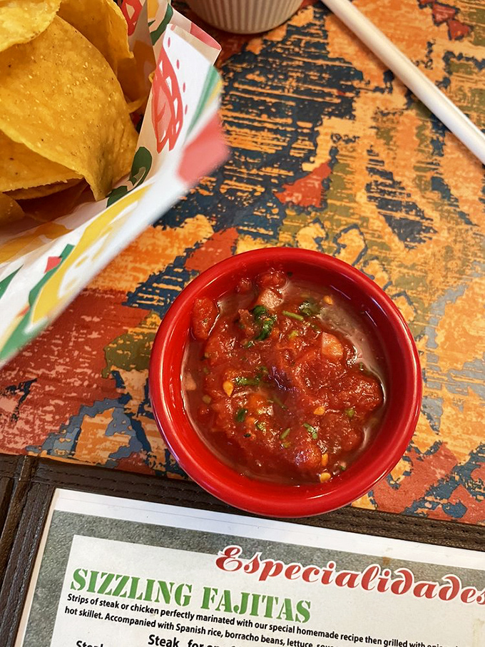 Fresh salsa in its natural habitat—vibrant, chunky, and patiently waiting to transform ordinary chips into extraordinary experiences.