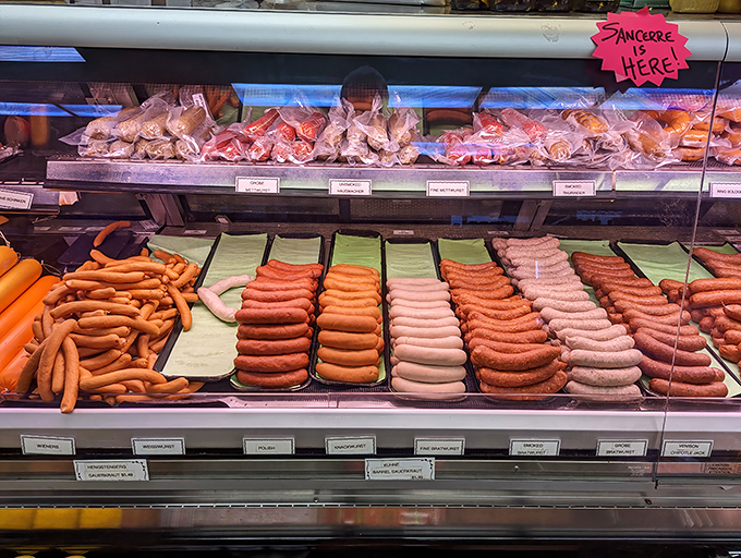 The butcher case at Kuby's is a carnivore's dream canvas – each sausage link a masterpiece of meat artistry waiting to be taken home.