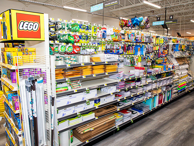 LEGO and learning supplies share shelf space in perfect harmony, proving educational shopping doesn't require specialty store prices.