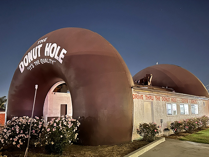 Two giant donuts bookend the building like sentinels guarding the sacred recipes within. Architectural whimsy at its finest.