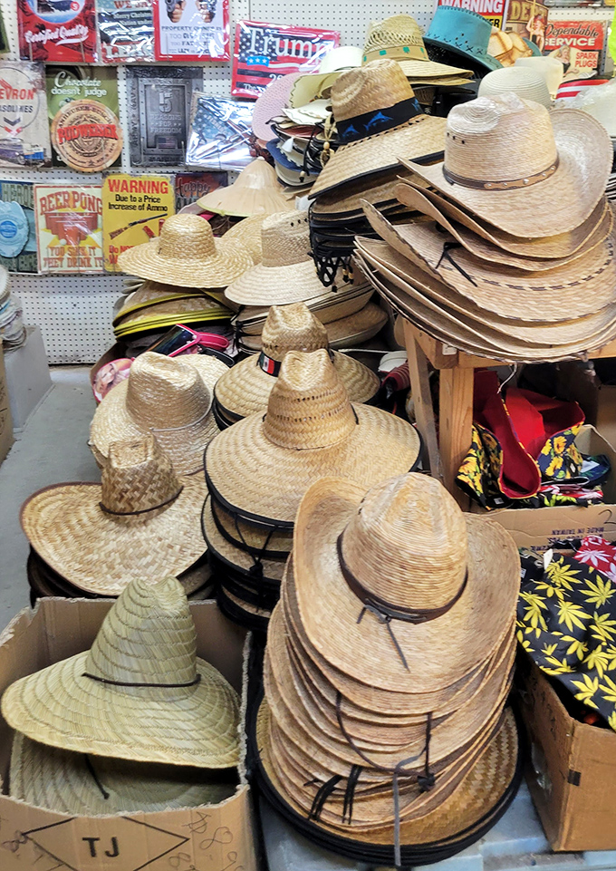The Great Wall of Straw Hats stands ready to shield Florida shoppers from the sunshine state's most famous resident—that blazing ball of fire overhead.