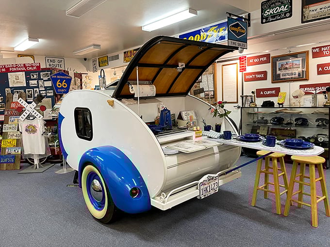 This blue and white teardrop trailer represents the ultimate road trip freedom. Compact enough for adventure, stylish enough to turn heads at every stop.