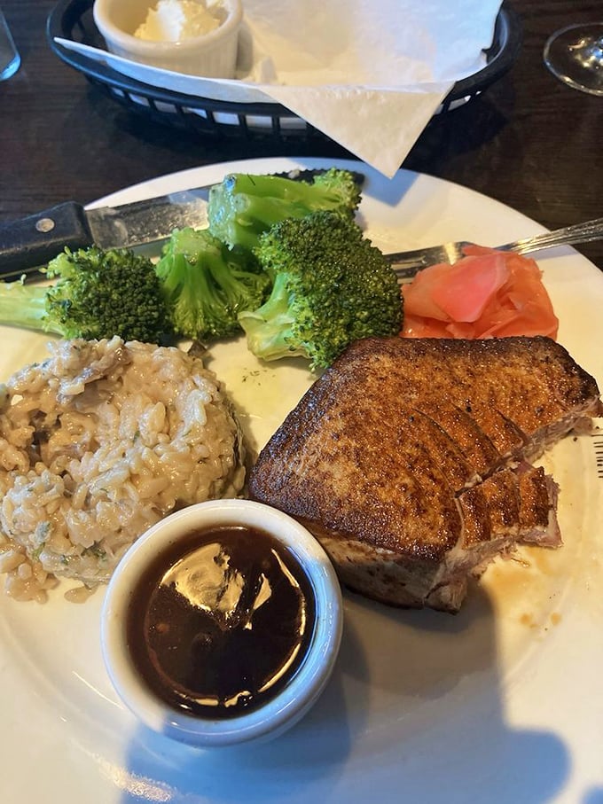 A perfectly seared tuna steak with sides that don't compete for attention but deserve their own standing ovation.