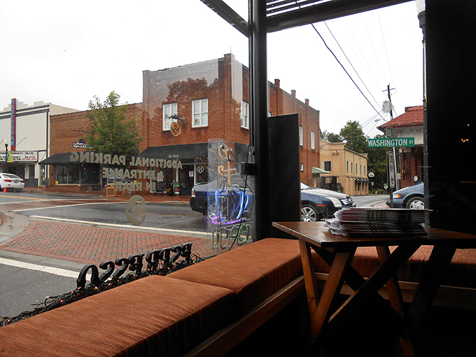 A window seat at a Washington Street café offers prime people-watching with a side of small-town charm and brick-lined sidewalks.