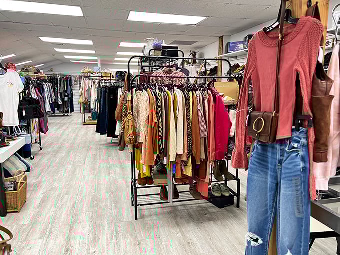 Women's fashion displayed with boutique-like care, featuring fall-ready sweaters and classic jeans—proof that "pre-loved" doesn't mean compromising on style.