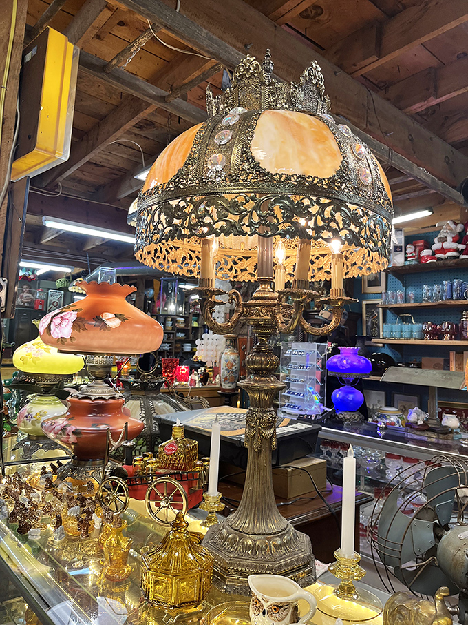 Not your average IKEA lamp! This ornate vintage lighting fixture would make even the most minimalist decorator reconsider their life choices.