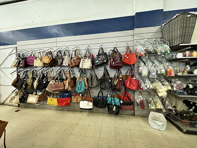 Handbag heaven! A rainbow of purses dangling like fashionable fruit, ripe for the picking at prices that won't cause credit card indigestion.