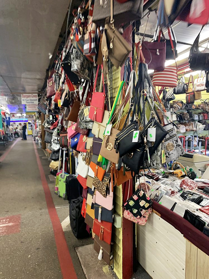 This handbag display creates a rainbow of leather and vinyl possibilities—proof that somewhere in Fleamasters, there's the perfect purse waiting for you.