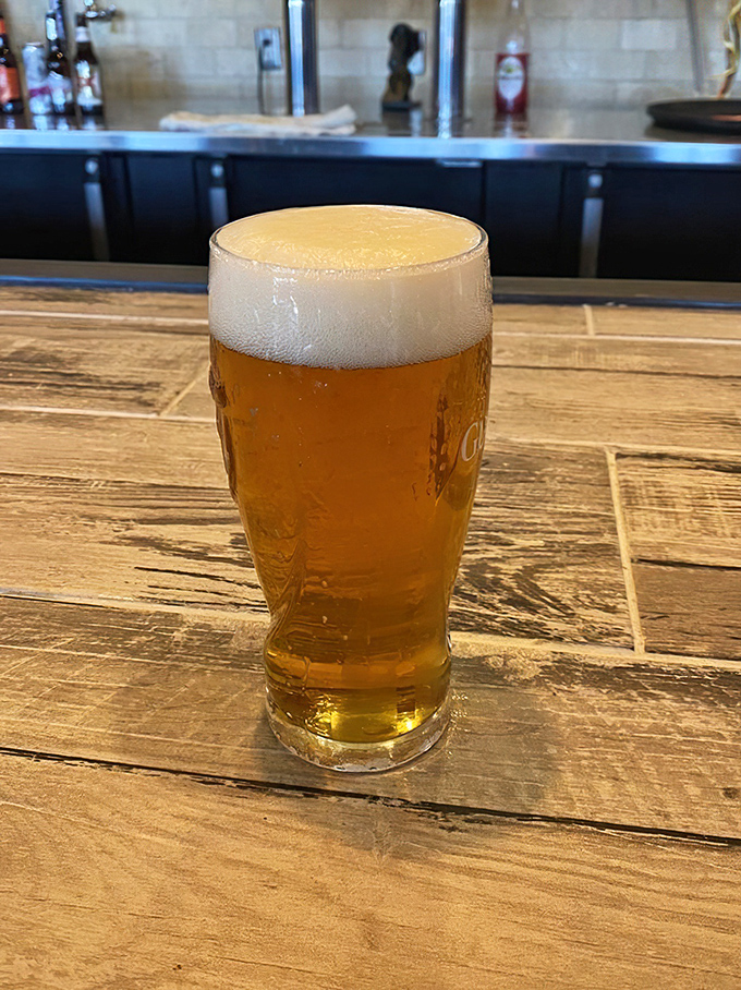 A perfectly poured beer with that ideal foam-to-liquid ratio—the unsung hero of any great burger experience.