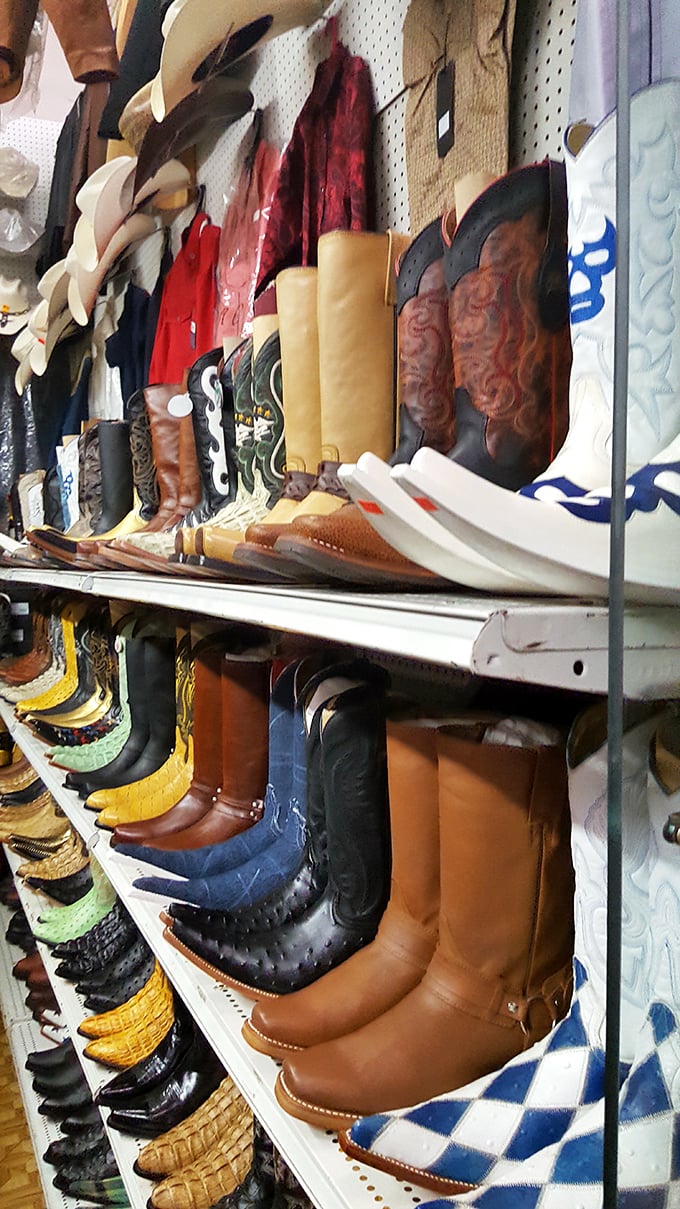 Cowboy dreams come true in the boot section, where Western style meets Maryland practicality. These aren't just footwear—they're statements.
