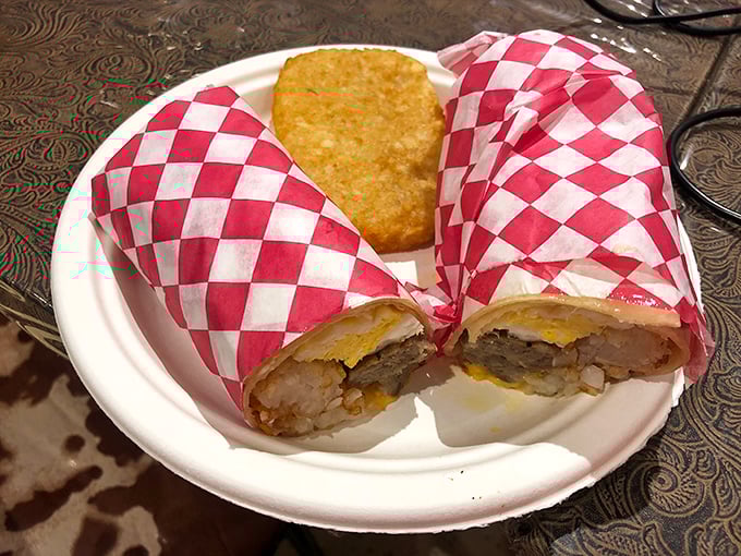 A burrito wrapped in classic red-checkered paper – the culinary equivalent of a warm hug from your favorite quirky uncle.
