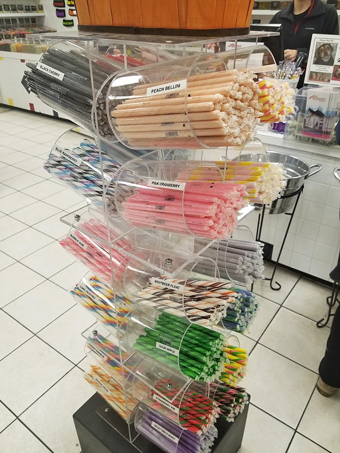 Candy sticks arranged with military precision. From Peach Bellini to Southern Float, these sweet wands come in flavors adults can appreciate.