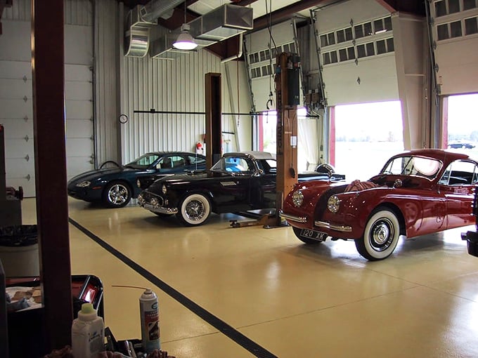 The maintenance area isn't just functional—it's sacred ground where mechanical miracles happen. These beauties receive spa treatments, not just oil changes.