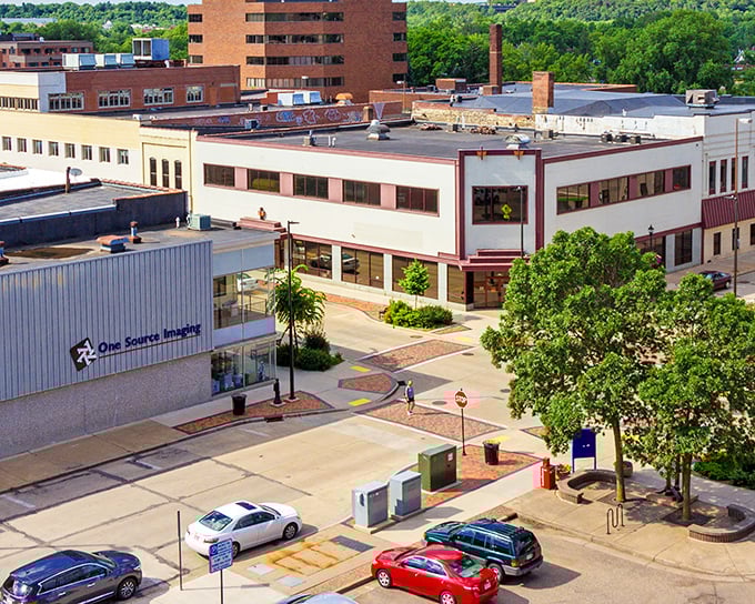From above, Eau Claire reveals its thoughtful urban planning. The trees aren't afterthoughts—they're essential characters in this cityscape story.