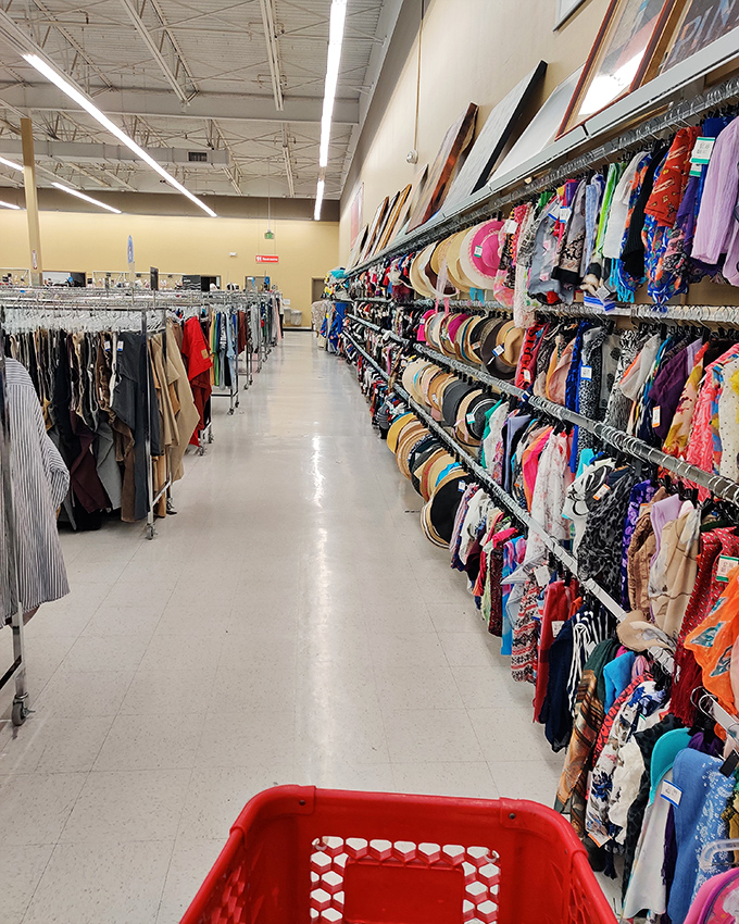 The clothing section stretches seemingly to infinity, a textile universe where patience rewards the dedicated thrifter.