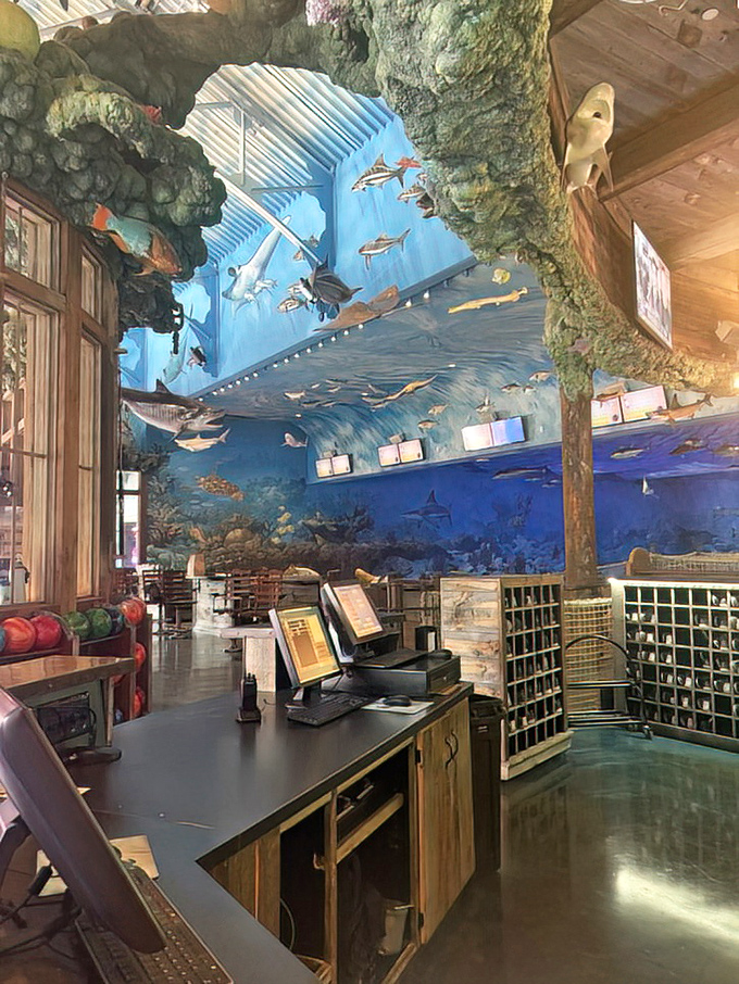 The check-in counter looks like it was salvaged from a sunken pirate ship. Expect treasure maps, not receipts.