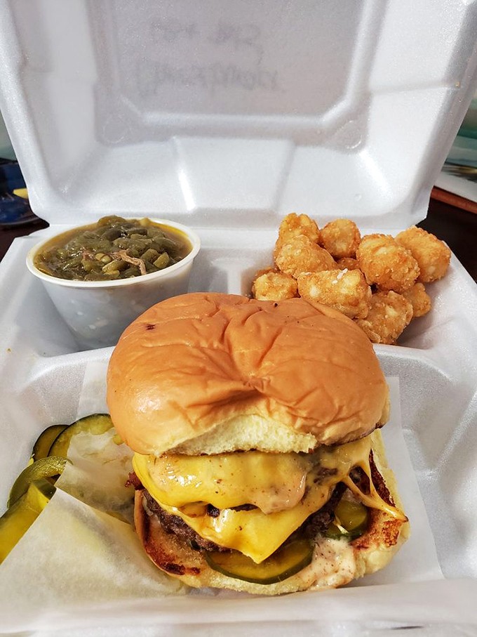Not just a burger – a declaration of independence from boring lunches, with collard greens and tots as worthy supporting actors.
