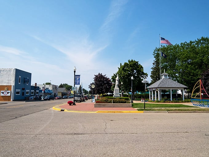 Downtown Caseville's gazebo and monument—where summer concerts happen and teenagers pretend not to enjoy family events.