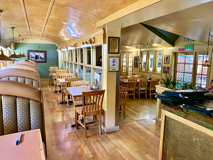 Where trolley car history meets mountain dining magic—the warm wood and cozy booths make you want to linger like a Sunday morning.