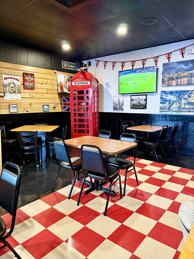 That red phone booth isn't just décor – it's a portal to authentic British pub atmosphere.