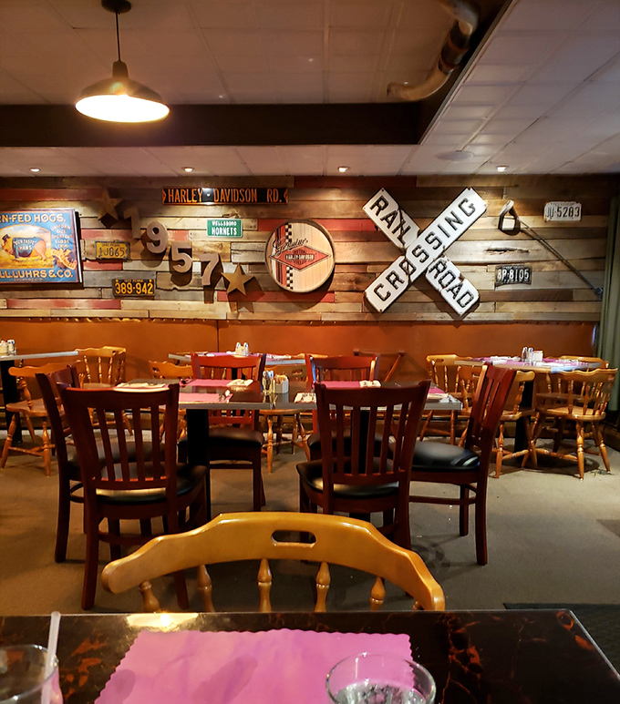 The dining room feels like the coolest corner of America's basement—where comfort food meets nostalgia and calories don't count.